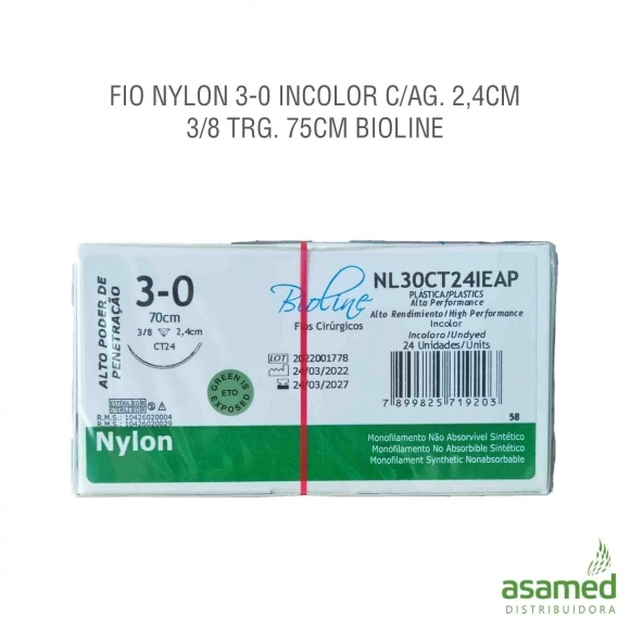 FIO NYLON 3-0 INCOLOR C/AG. 2,4CM 3/8 TRG. 75CM BIOLINE